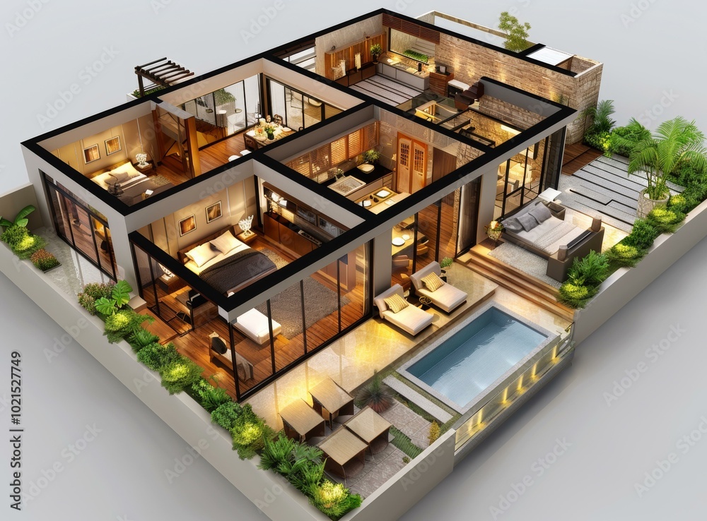 Modern Penthouse Floor Plan with Rooftop Pool Stock Illustration ...