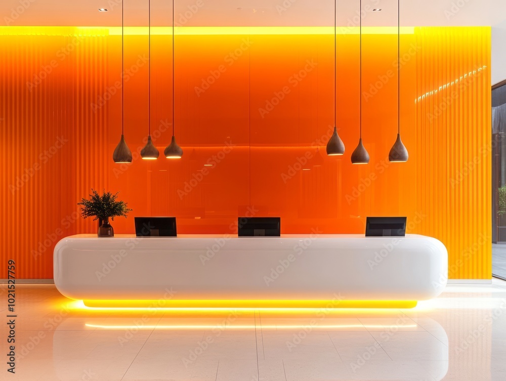 Bold orange walls behind a white reception desk with minimalist ...