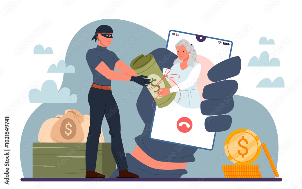Online scam and fraud, theft from bank account of elderly woman. Male ...