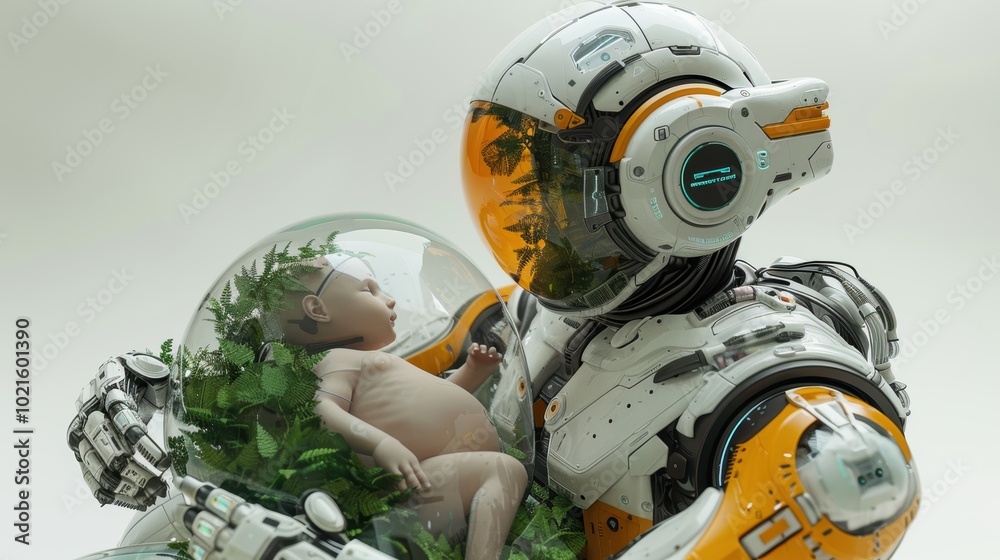 Futuristic Vision of Earth Day, an AI-powered pregnant android with a ...