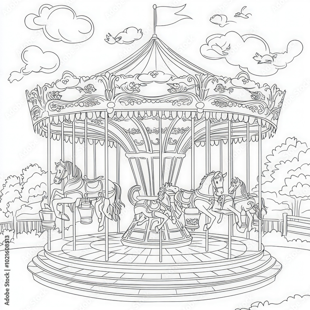 A magical carousel with animals instead of horses, coloring page for ...
