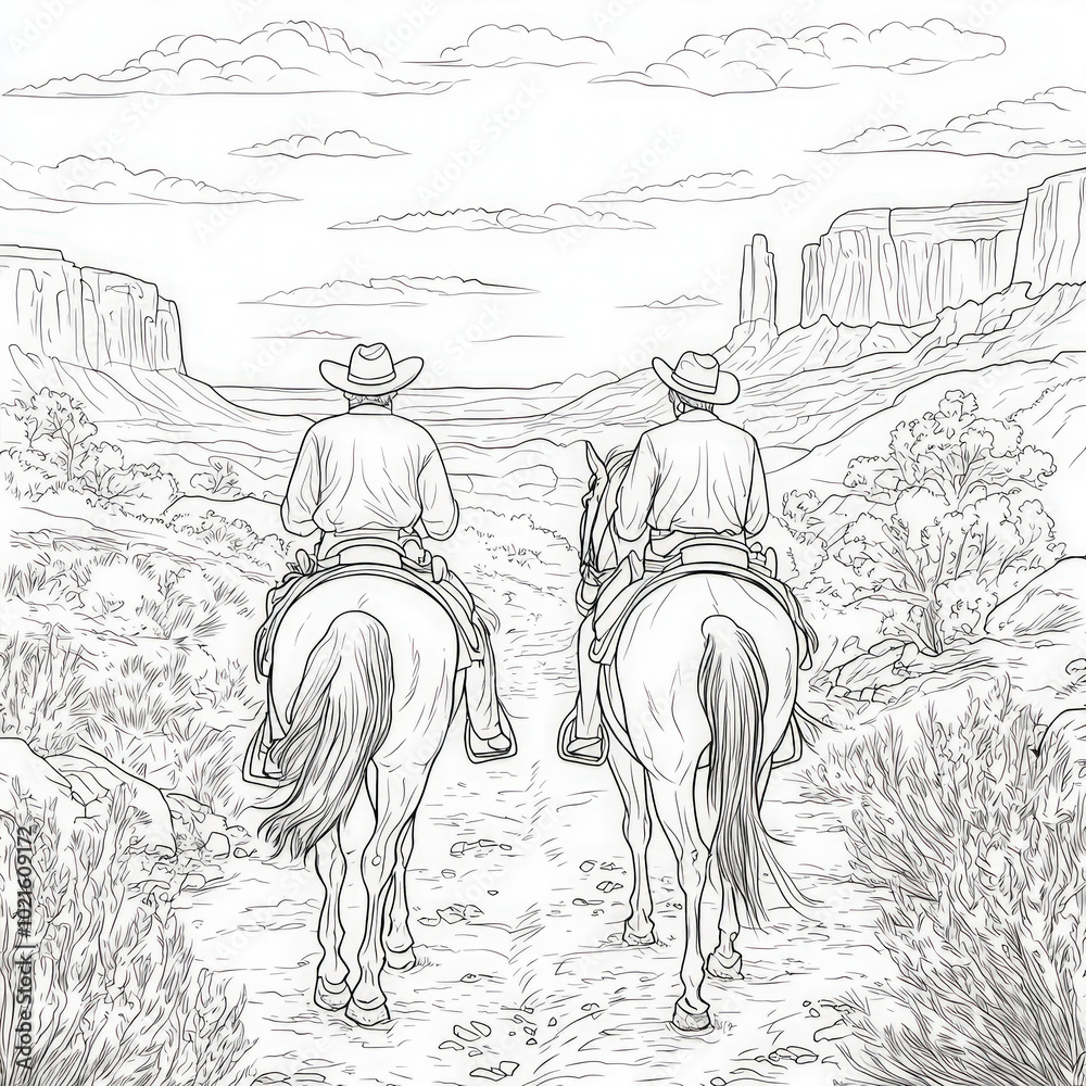 A wild west scene with cowboys and horses, coloring page for kids ...