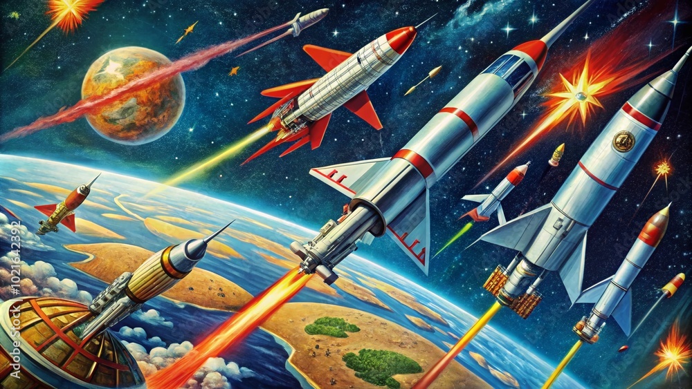 Vintage Soviet Union Space Propaganda Poster Featuring Rockets, Stars ...