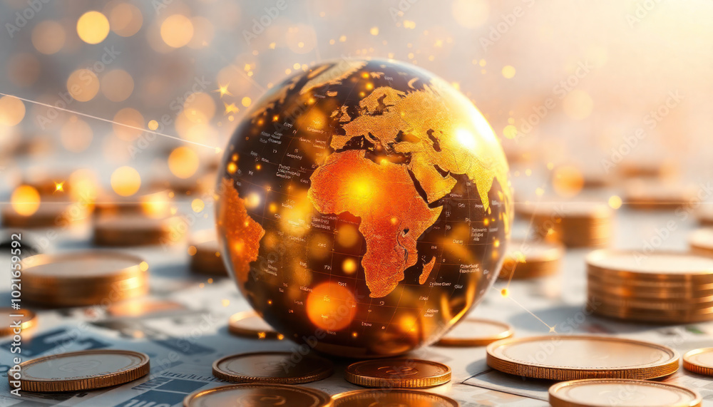 world map on coins background. Globe concept on golden currency ...