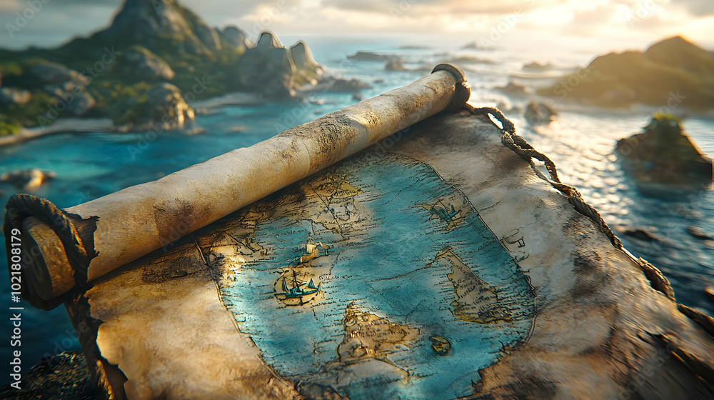 Old Treasure Map Illustration - Fantasy Adventure, Ocean Voyage Stock ...