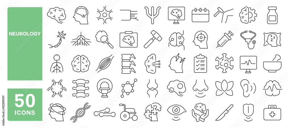 Set of 50 line icons related to neurology, brain, neuron, spinal cord ...