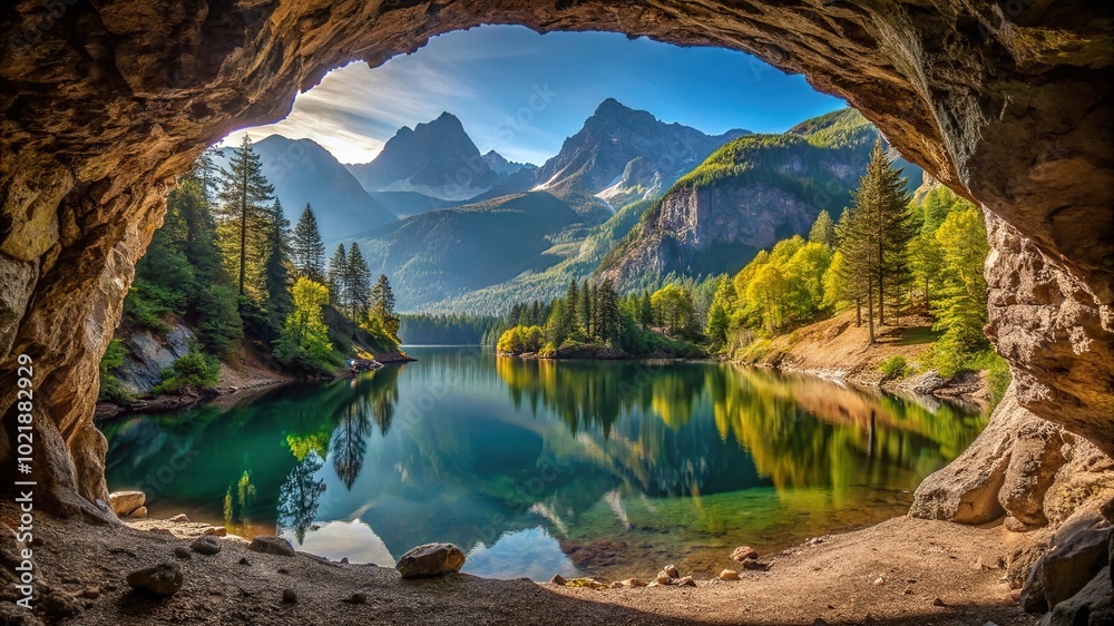 View from cave in mountain with scenery nature landscape of rocks ...
