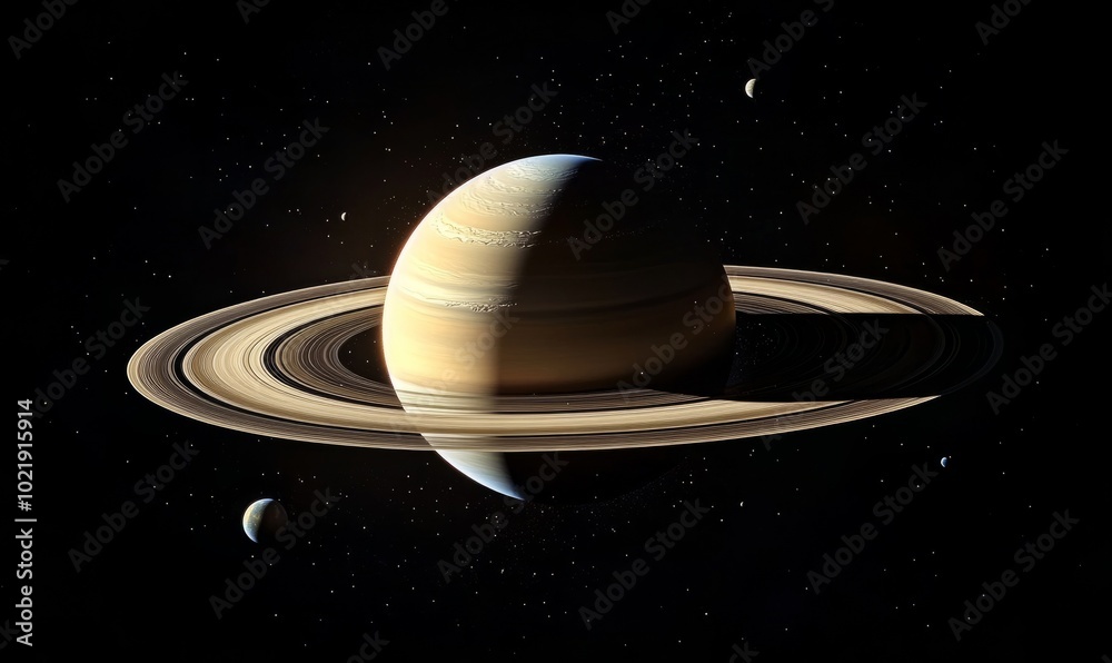 saturn planets in deep space with rings and moons surrounded. isolated ...