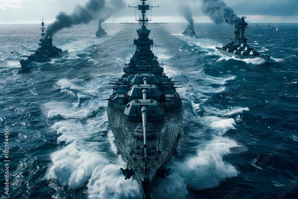Fleet of powerful battleships is sailing in formation on the open ocean ...