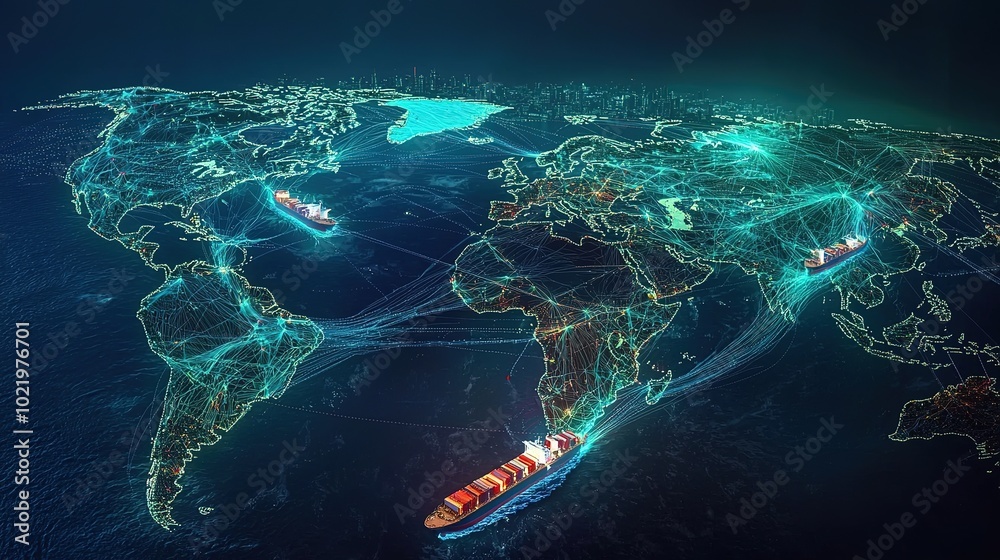 An illuminated map of the world highlighting major shipping routes and ...