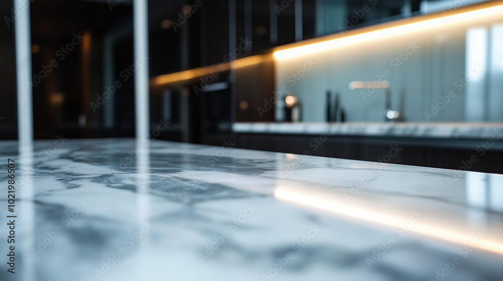 A modern kitchen with a luxurious marble bench in the foreground, its ...