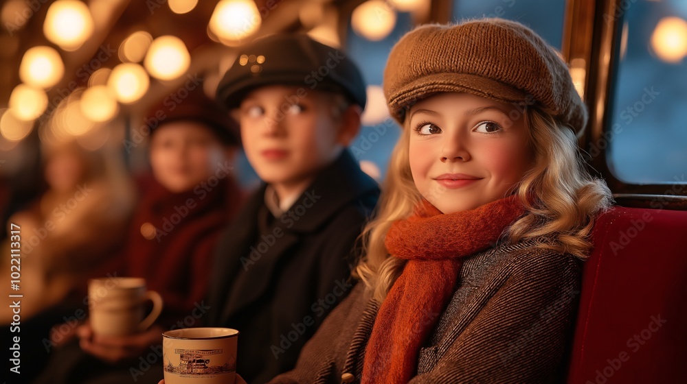 Happy children enjoying hot chocolate on the Polar Express train ...
