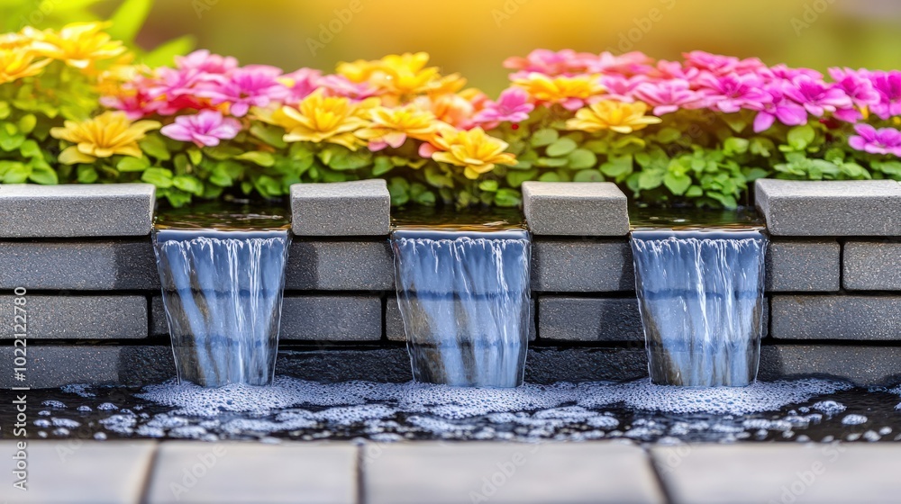 A cascading water feature with three waterfalls flowing over a brick ...