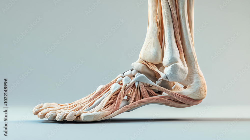 Anatomical illustration of a human foot showing detailed muscle and ...