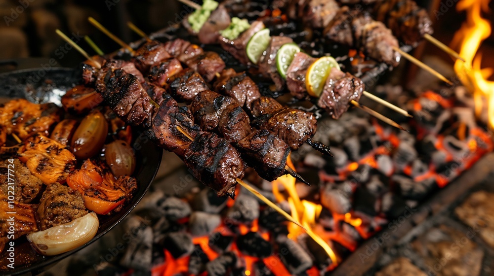 Brazilian barbecue with skewers of meat grilling over open flames ...
