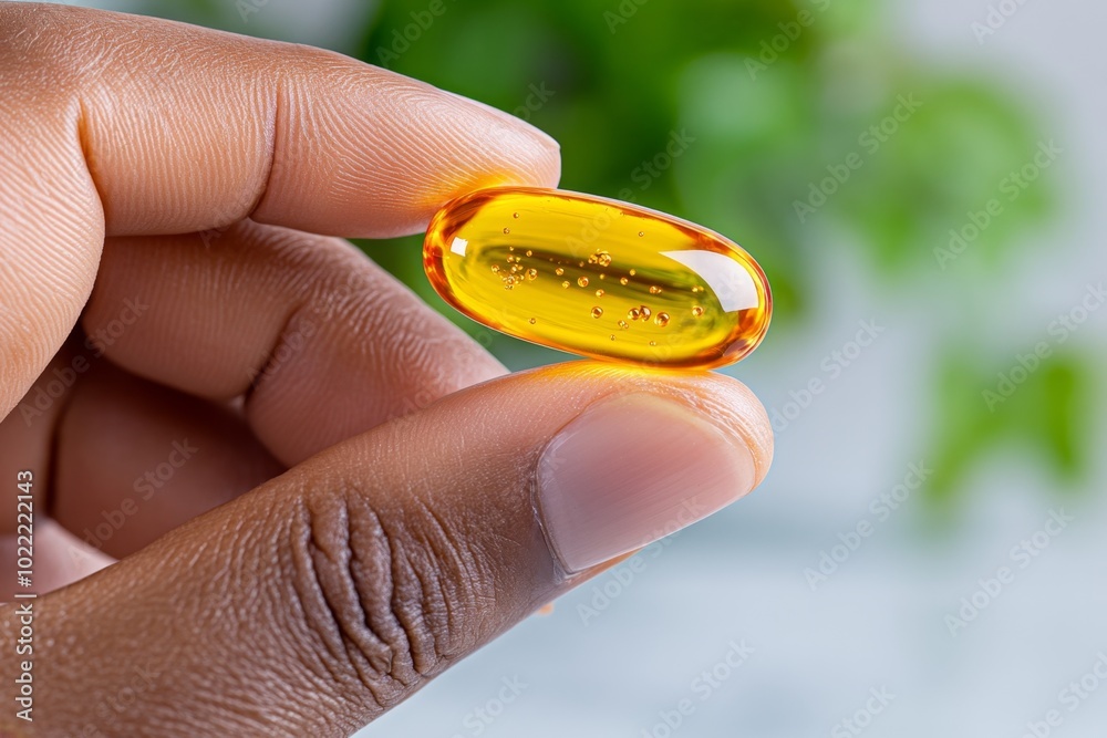 A hyper-realistic image of a hand picking up an Omega-3 fish oil ...