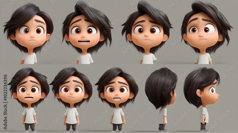 3D cartoon boy character model sheet with various poses. Stock ...
