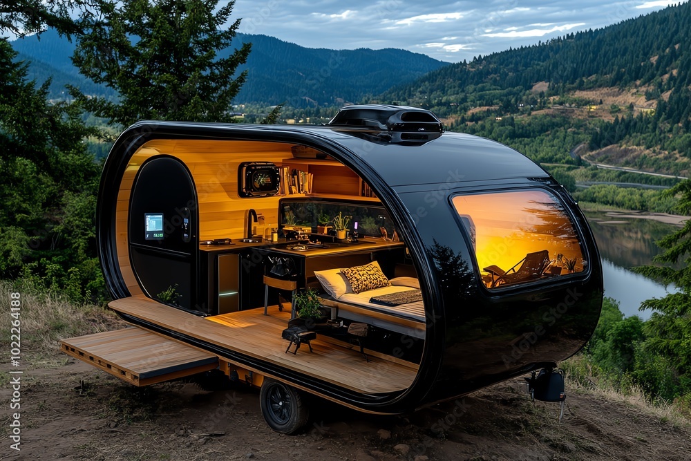 Futuristic scene of a high-tech cabin in the wilderness, where a person ...