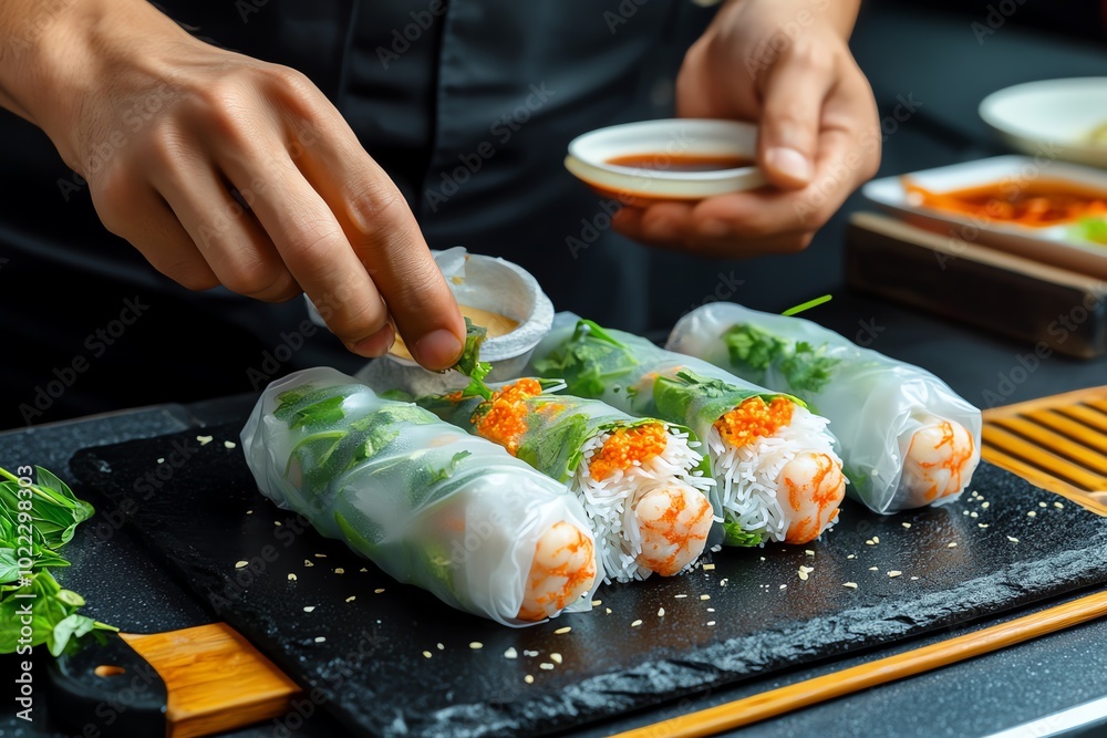 Realistic image of a street food vendor making fresh spring rolls, with ...