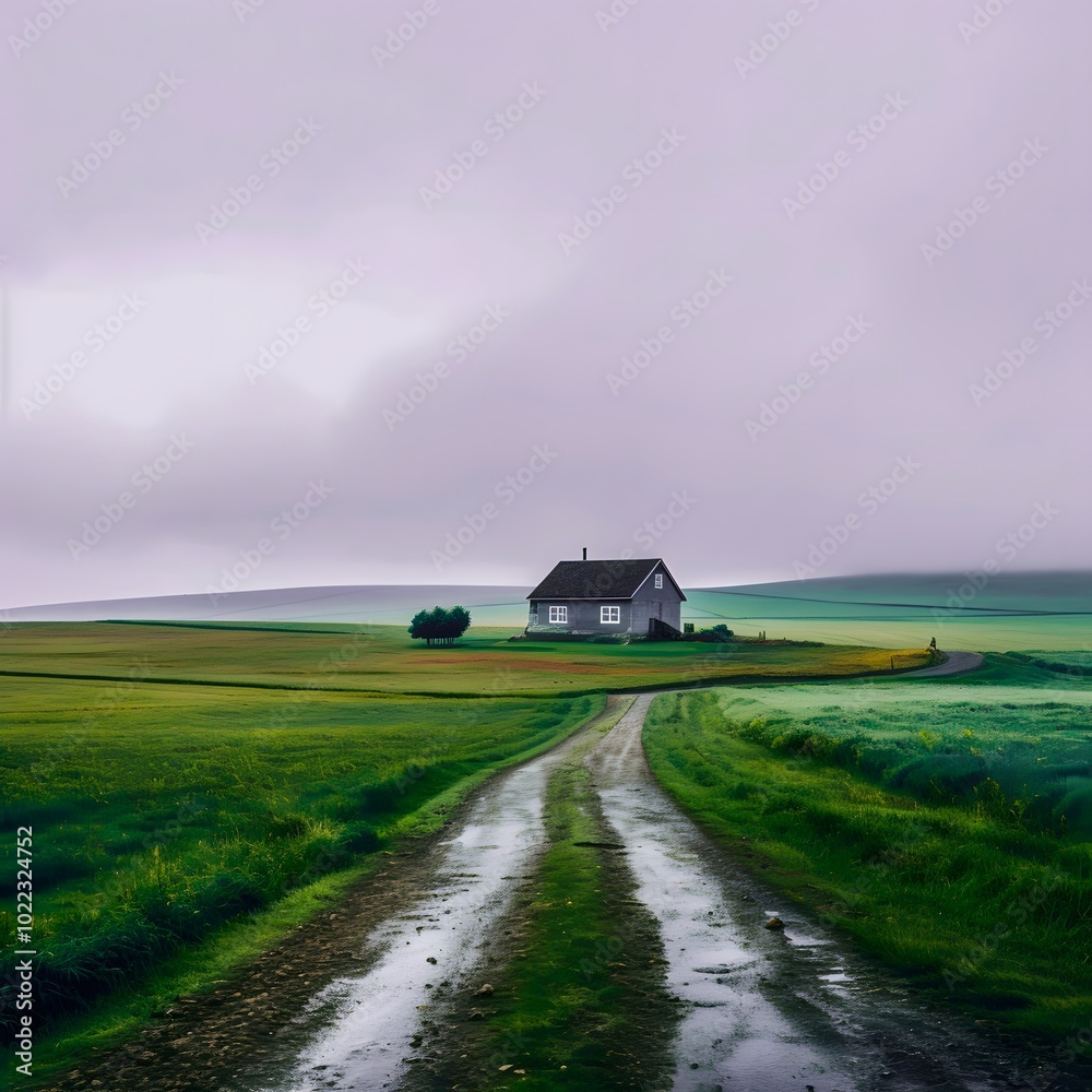 wide-open countryside under a steady rainfall, with rolling green hills ...
