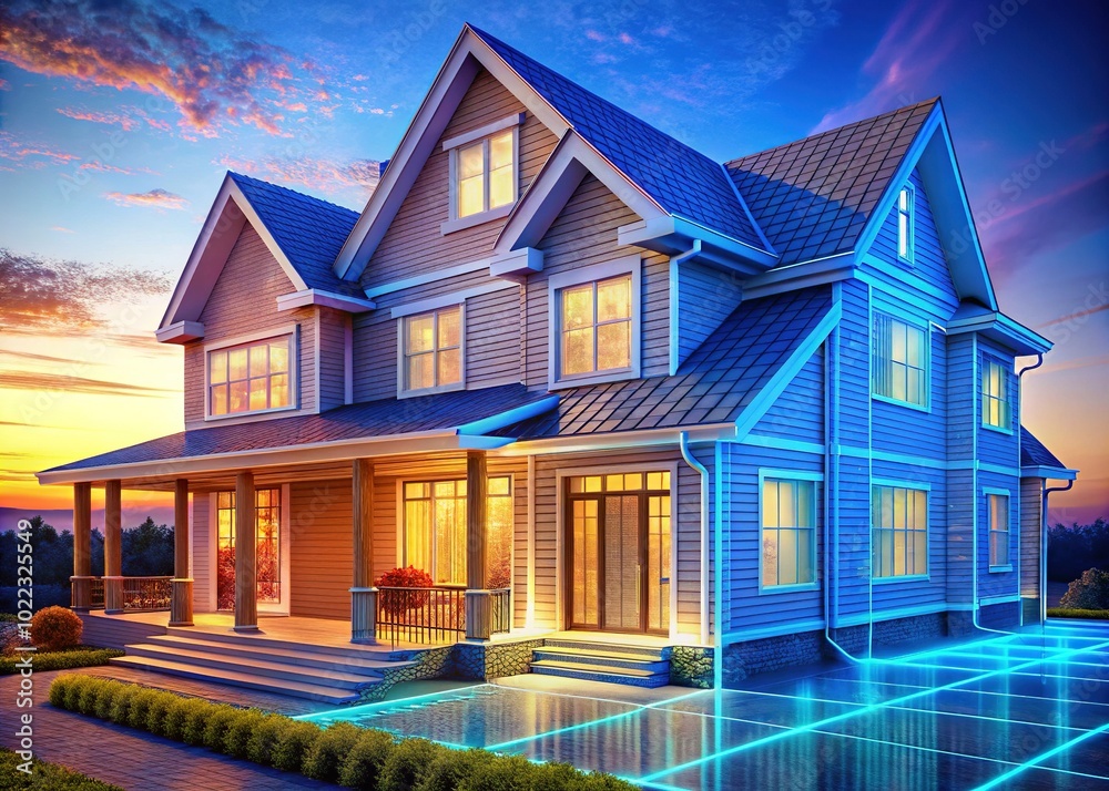 Perspective 3D wireframe representation of a house exterior, tailored ...