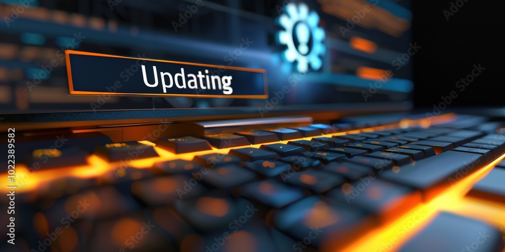 Close-up of a computer screen displaying a software update progress bar ...