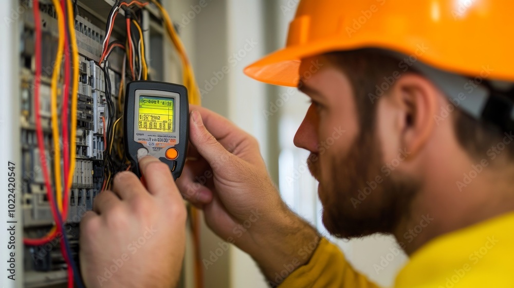 A home electrical technician using a multimeter to test voltage in a ...