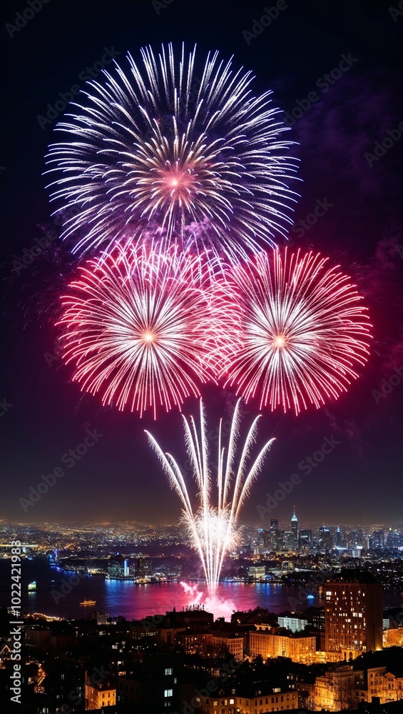 Sparkling fireworks over a cityscape at night background for invitation ...