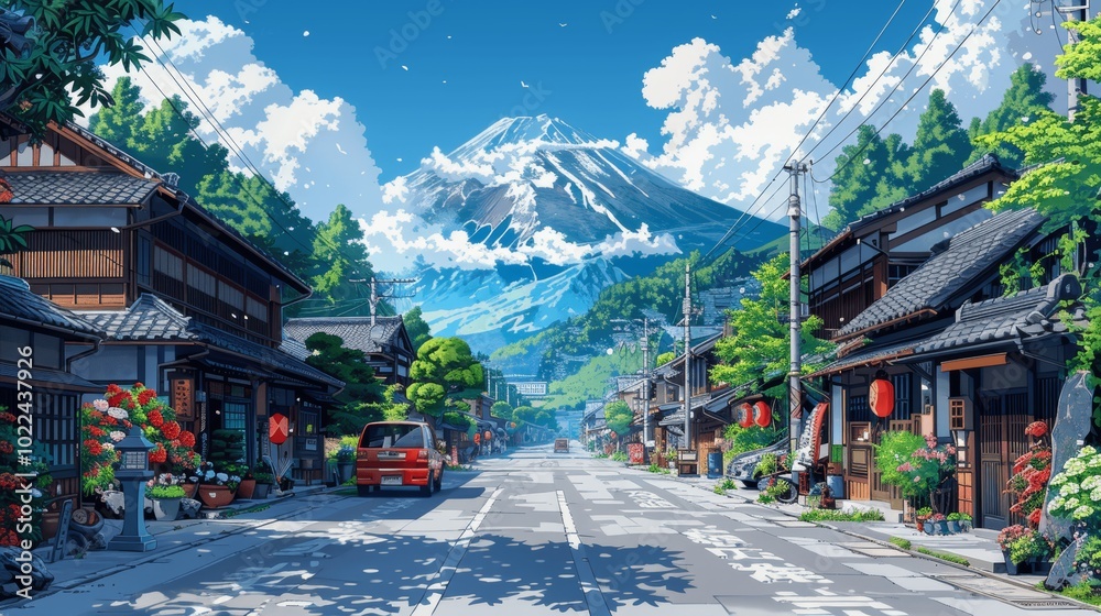 beautiful anime-style japanese town street with houses and car on ...