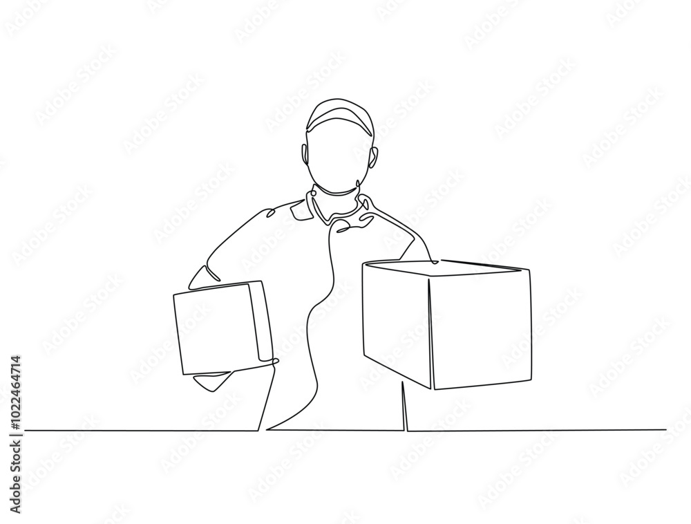 Continuous one line drawing of delivery courier man carries cardboard ...