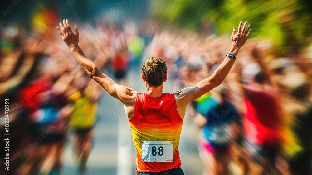 A male runner crosses the finish line of a marathon with his arms ...