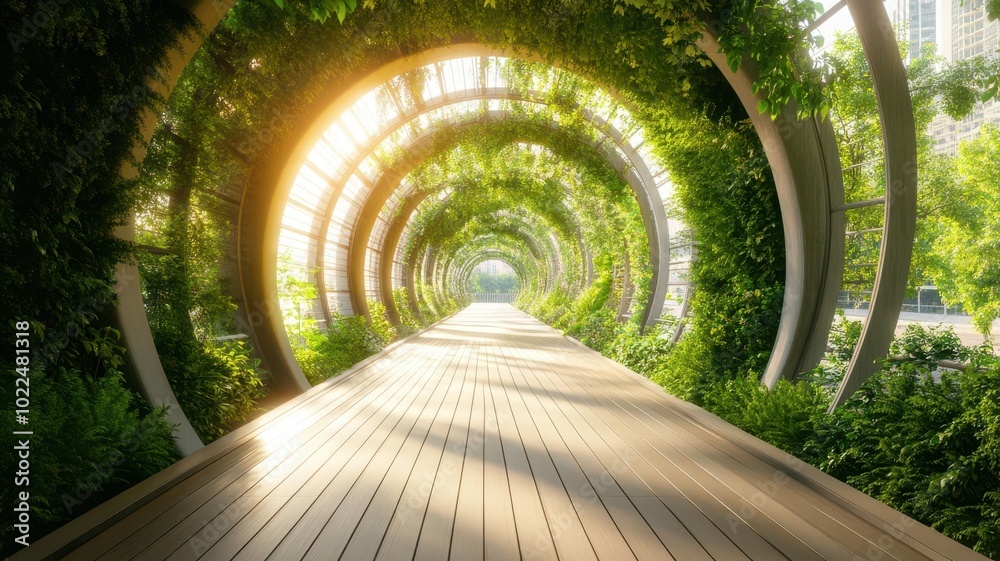 Sustainable smart eco city and greenery concept. Pedestrian bridge in a ...