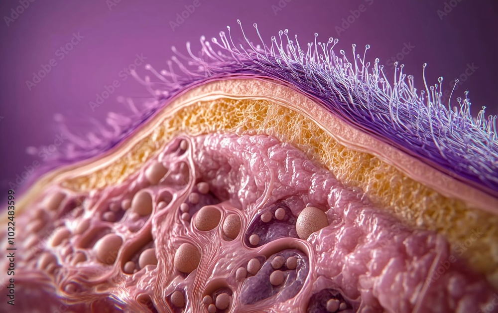 An illustration of the skin structure showing hair papilla, sebaceous ...