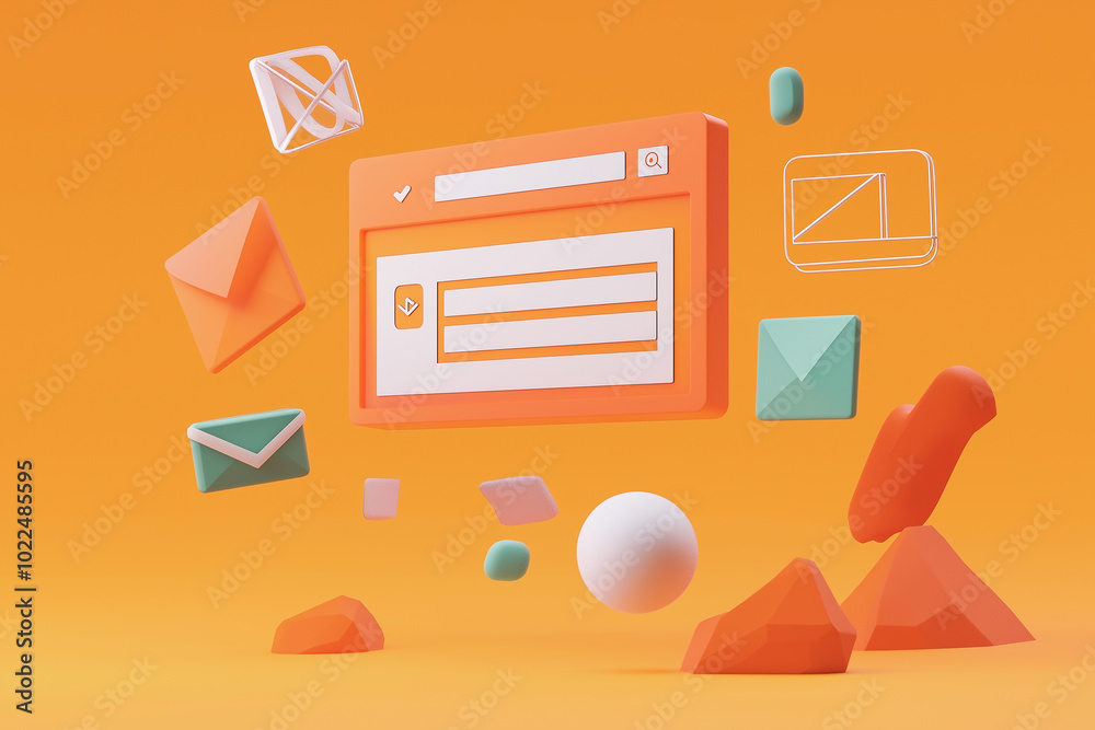 Email icons and web interface floating with geometric shapes Stock ...