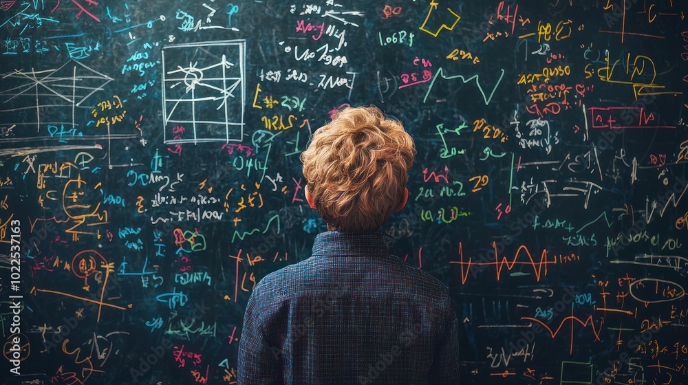 arithmetic depicted by a student solving math problems on a chalkboard ...