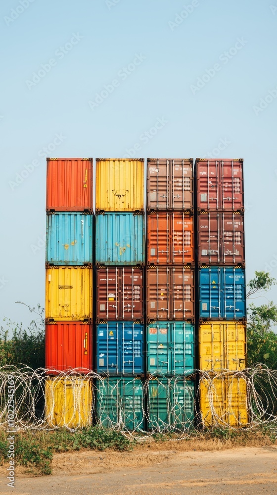 Colorful Shipping Containers Stacked with Barbed Wire Fence Stock Photo ...