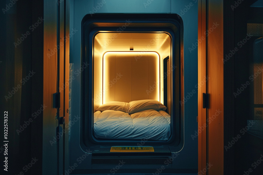 Foto de Stock Efficient capsule hotel room setup with a sliding door ...