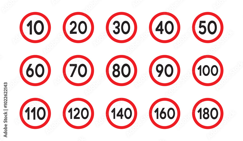 Different speed limit sign icon set isolated on white background. Road ...