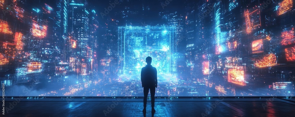 Virtual reality theme park, with glowing rides and AI-generated ...