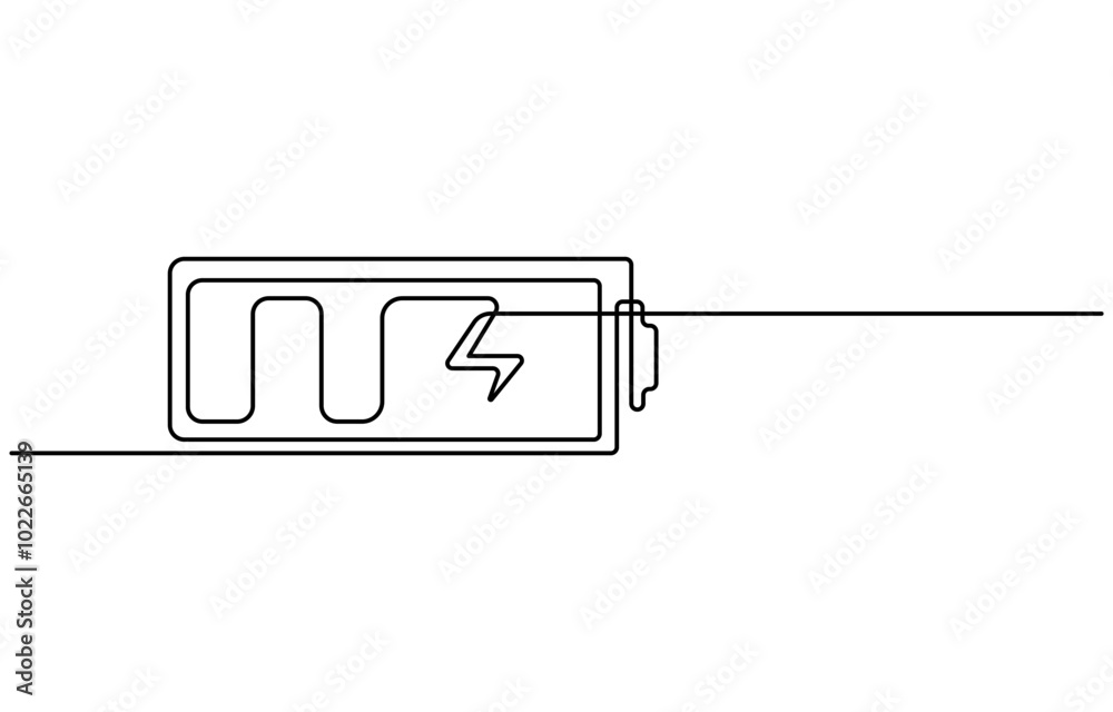 One continuous line drawing of battery charging. Lightning bolt symbol ...
