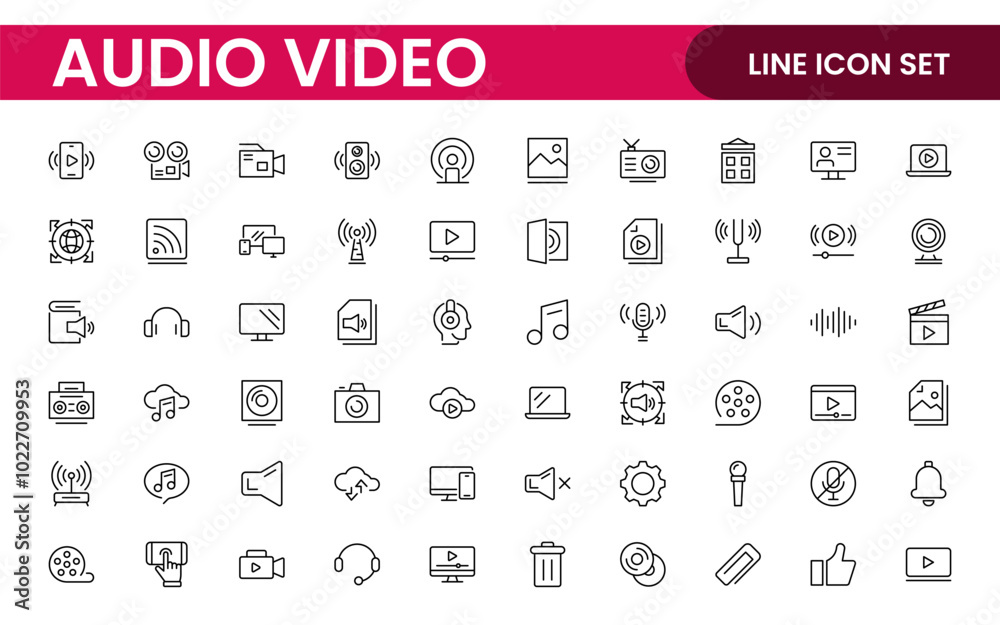 Audio Video Icons Pack. Thin line icons set. Flat icon collection set ...