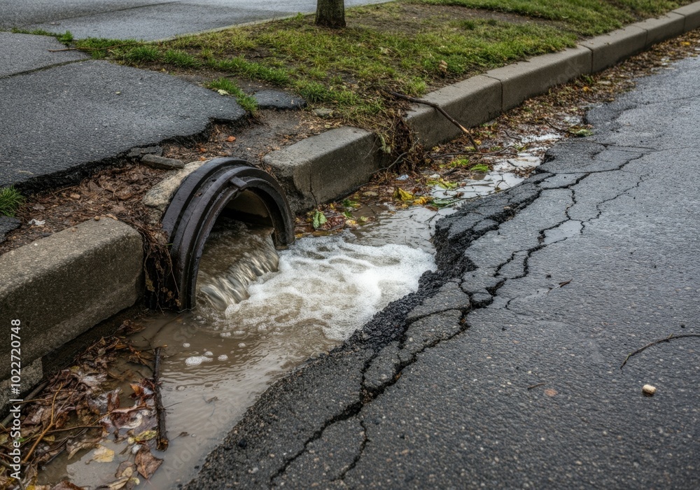 Urban drainage and rainwater overflow on cracked road after heavy ...