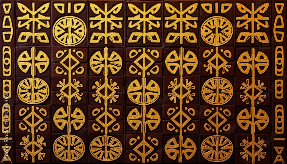 Adinkra symbols pattern in gold and brown with cultural significance ...