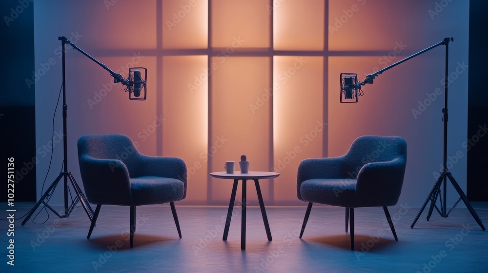 Two chairs, a small table, and two microphones arranged in a clean ...