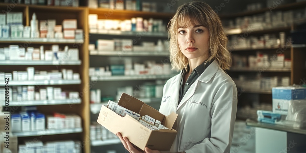 A young female pharmacist stands confidently in a busy pharmacy. She ...