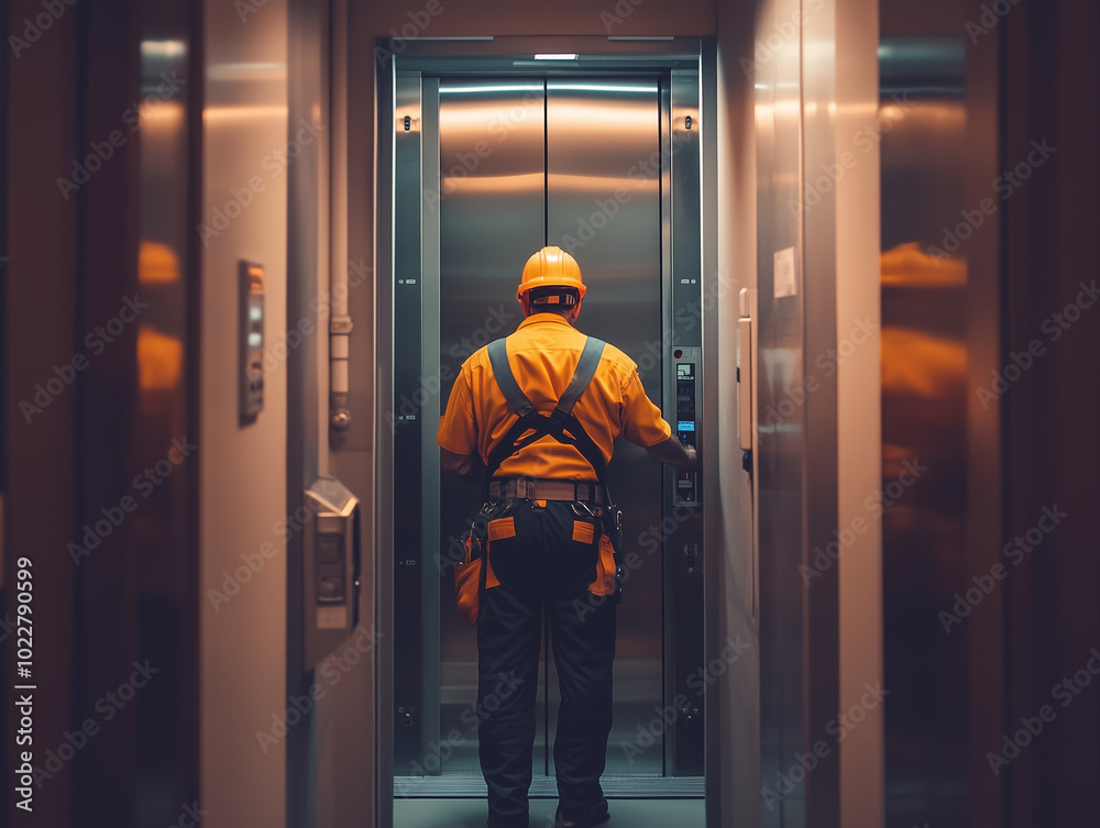 Elevator technician inspecting and repairing elevators, detail-oriented and precise.A man ...