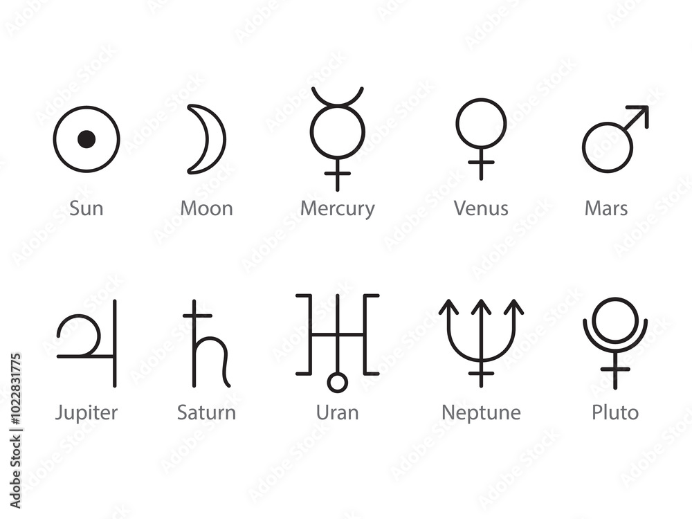 Astrological symbols of the planets - Sun, Moon, Mars, Venus, Mercury ...