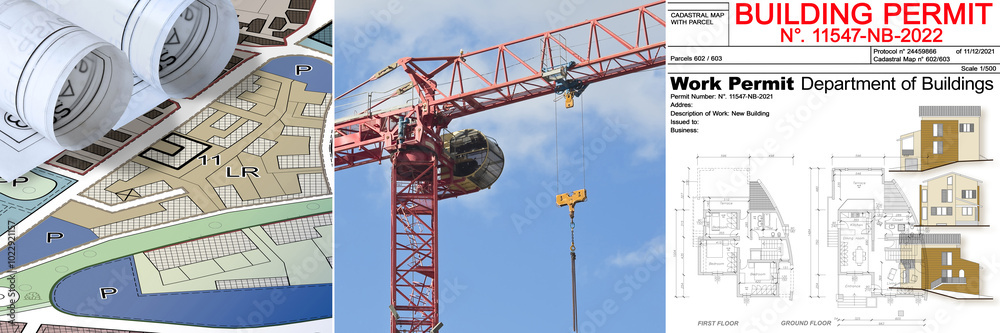 Building Permit banner concept with imaginary cadastral map, construction site with tower crane ...