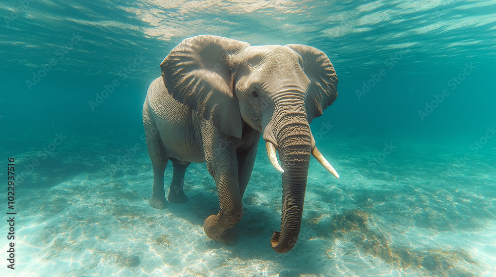 Swimming Elephant Underwater. African elephant in ocean with mirrors ...