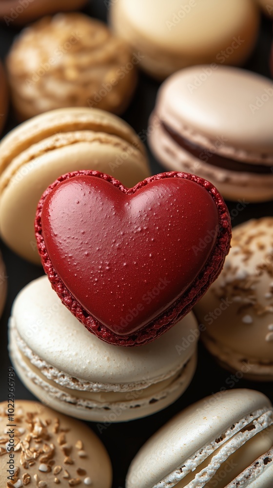 Onene dark red macaron in shape of hearts with a lot of beige macarons ...